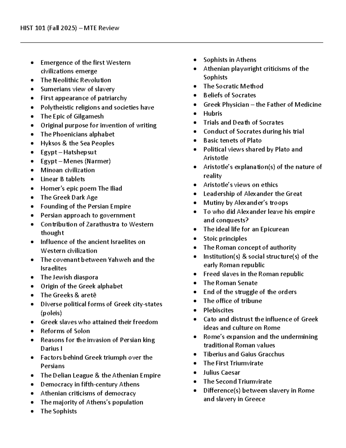 HIST 101 (Fall 2025) MTE Review: Key Topics in Western Civilization ...