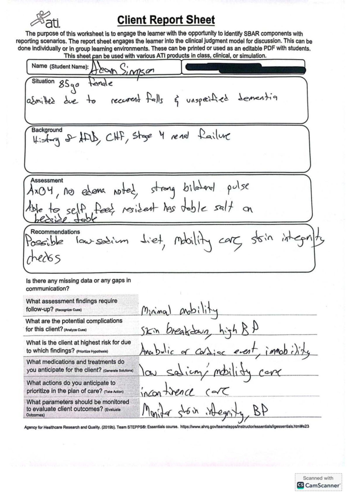 ATI Client Report Sheet: SBAR Components & Clinical Judgment Model ...