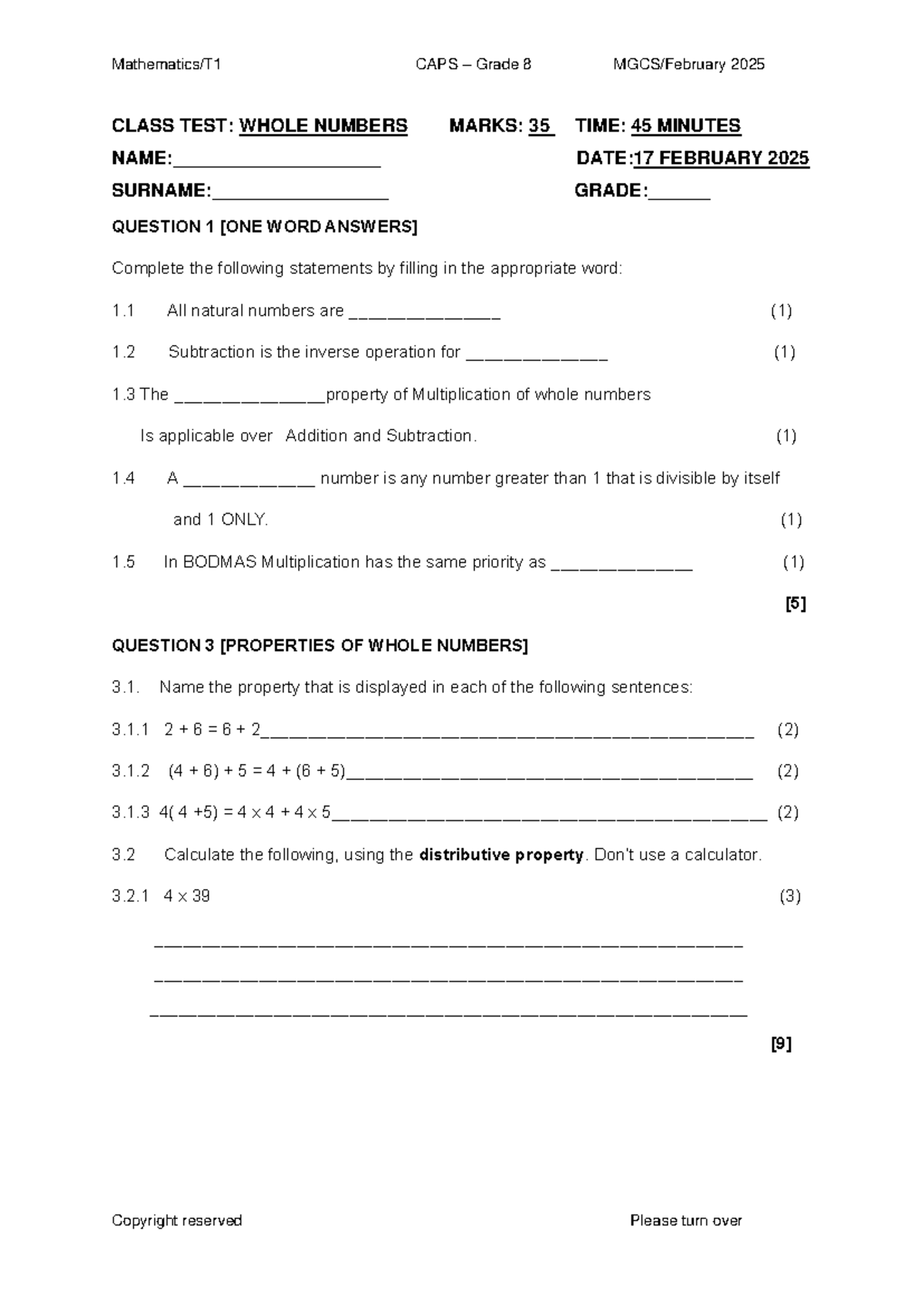 Grade 8 Math T1 Class TEST 1 - Whole Numbers Notes - Studocu