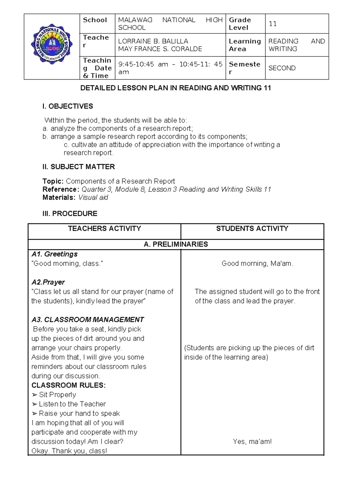 Detailed Lesson Plan in Reading & Writing 11: Research Report ...