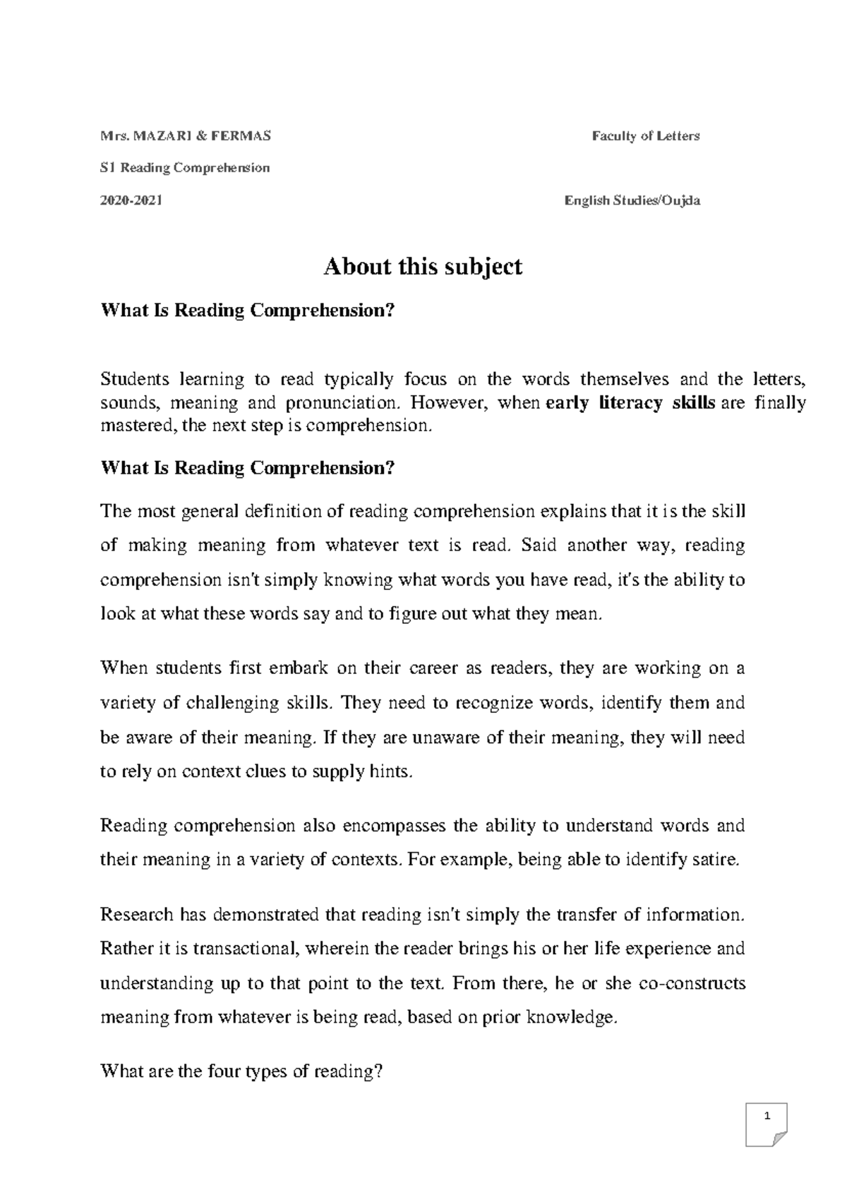 Reading Comprehension Overview - S1 English Studies 2020-2021 - Studocu