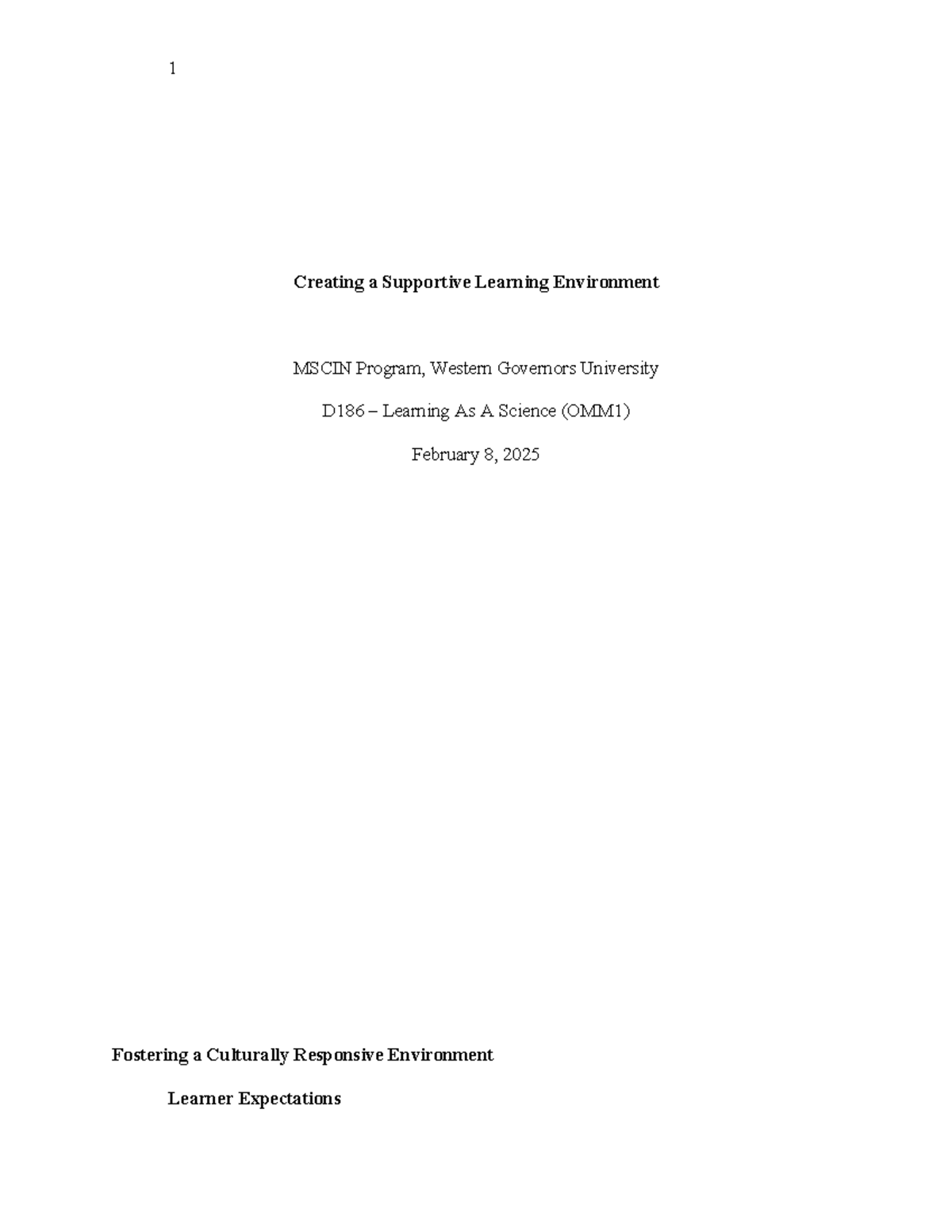 D186 - Task 1 Passed 1st try - Creating a Supportive Learning ...