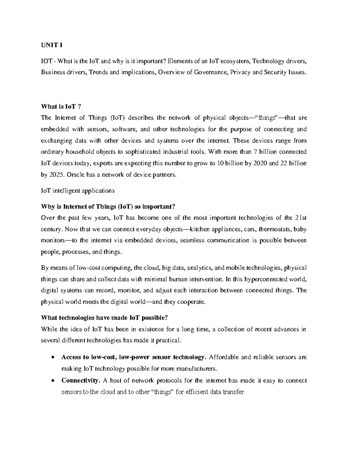 Introduction to IoT: Importance, Technologies & Ecosystem - Unit 1 - Studocu