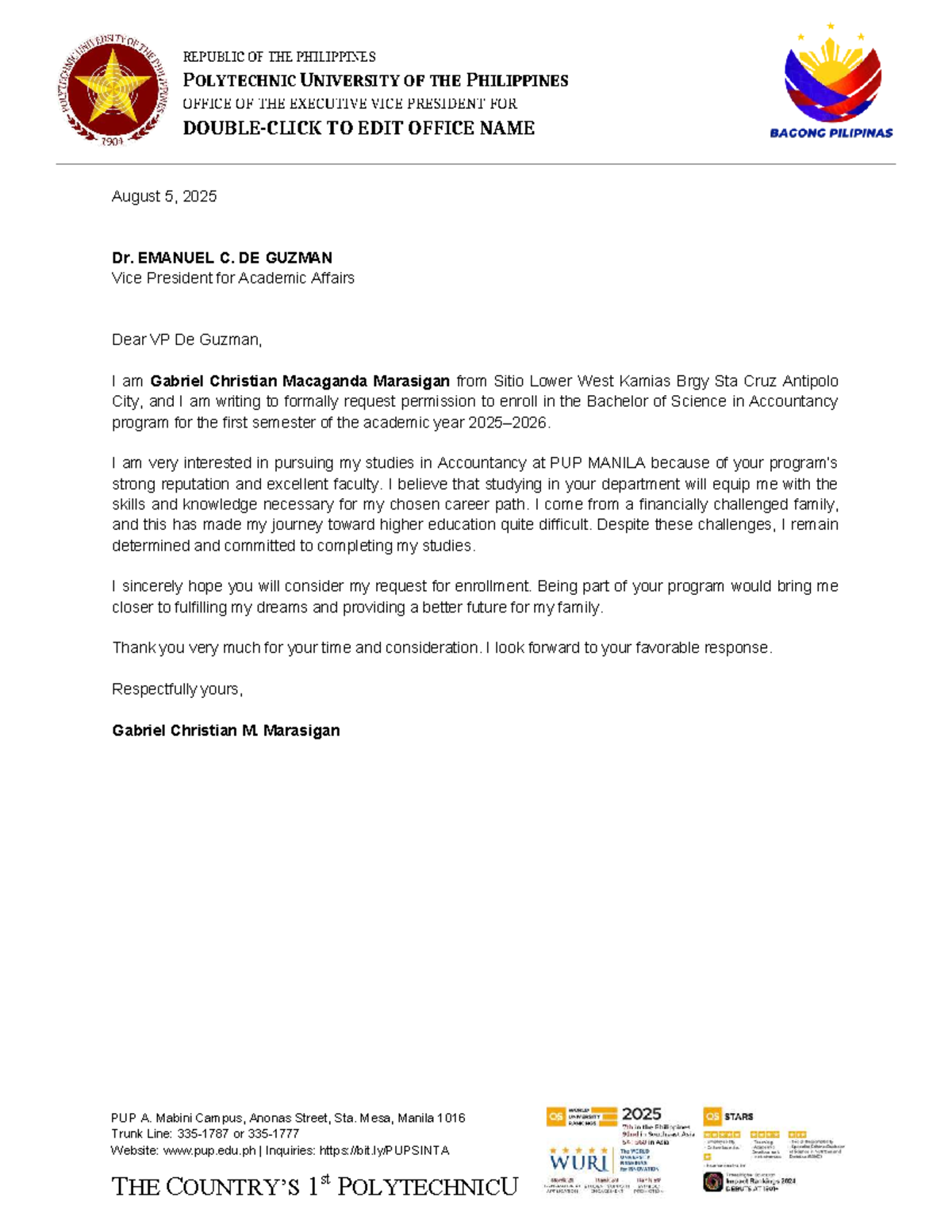 PUP Enrollment Request for BS in Accountancy Program - Studocu