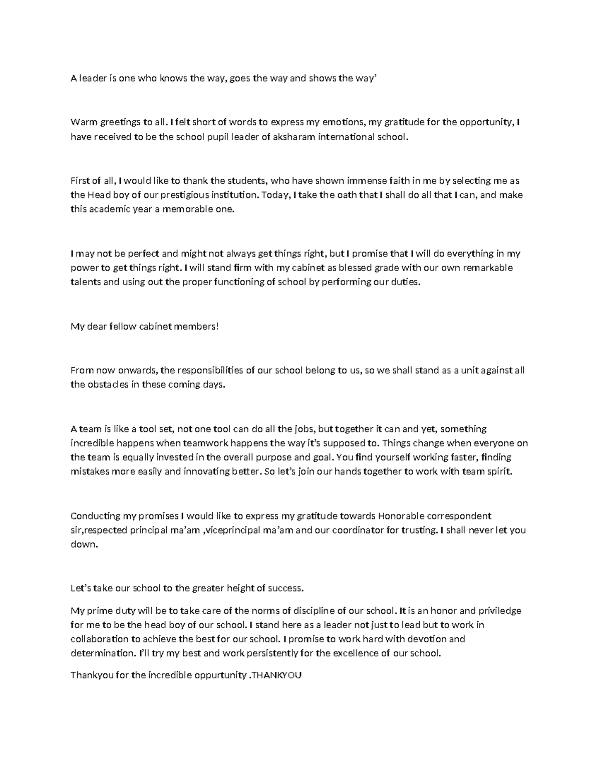 Head Boy Oath: Commitment to Excellence at Aksharam Intl School - Studocu