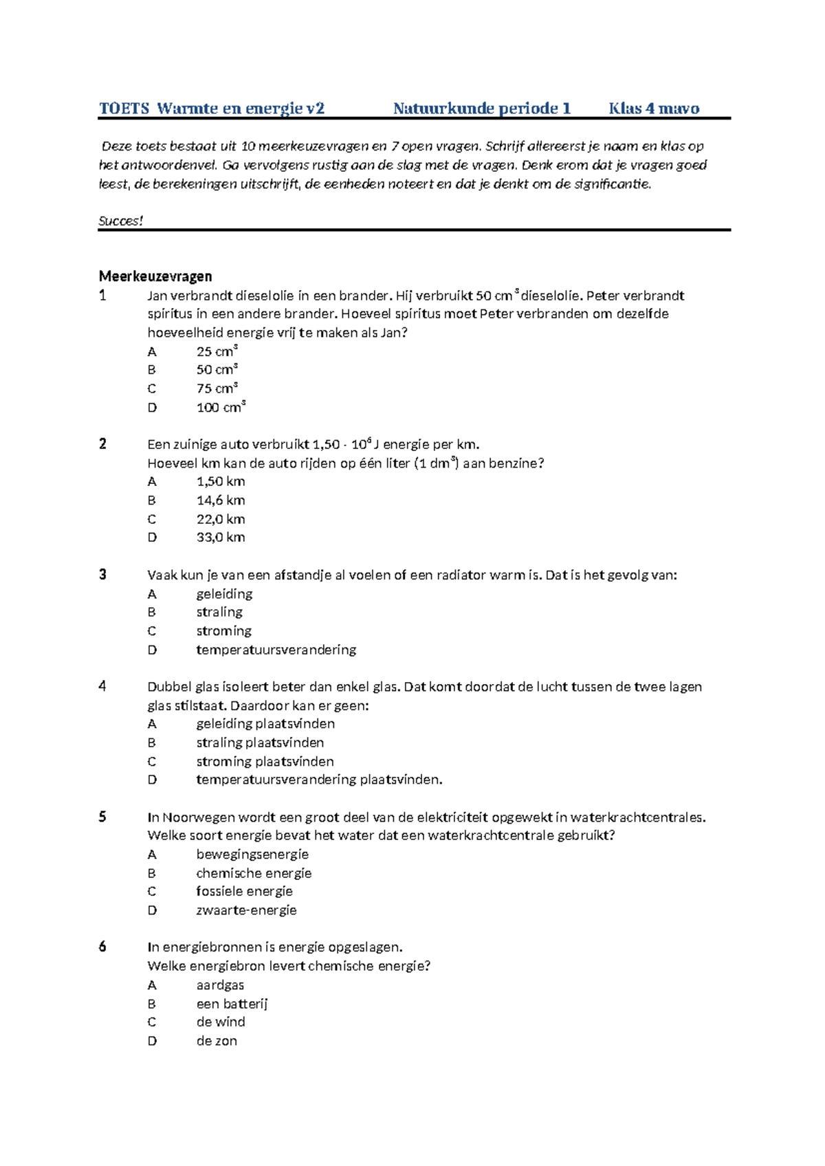 Toets Warmte en Energie H2+3 V2 Klas 4 MAVO - Studeersnel