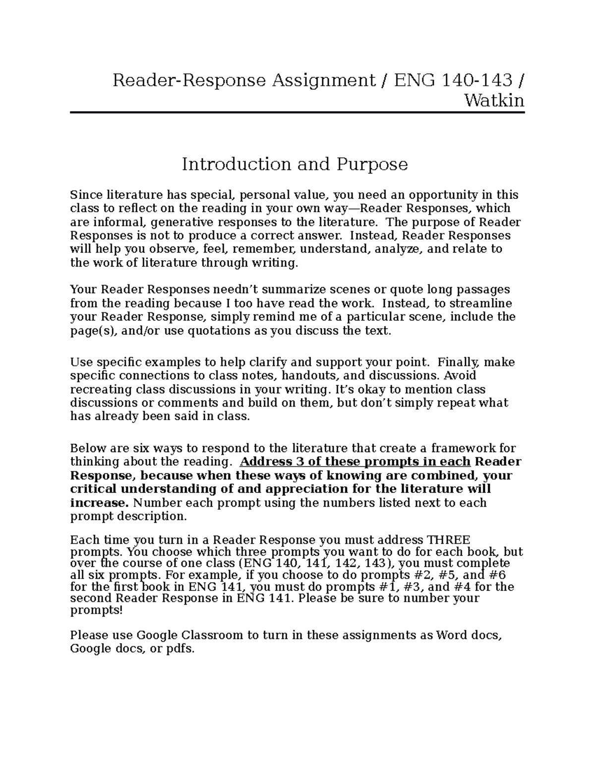 Reader Response assignment - Reader-Response Assignment / ENG 140-143 ...