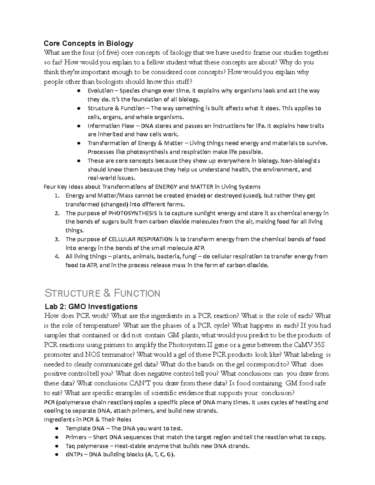 Core Concepts in Biology: Energy, Matter, and GMOs - Studocu