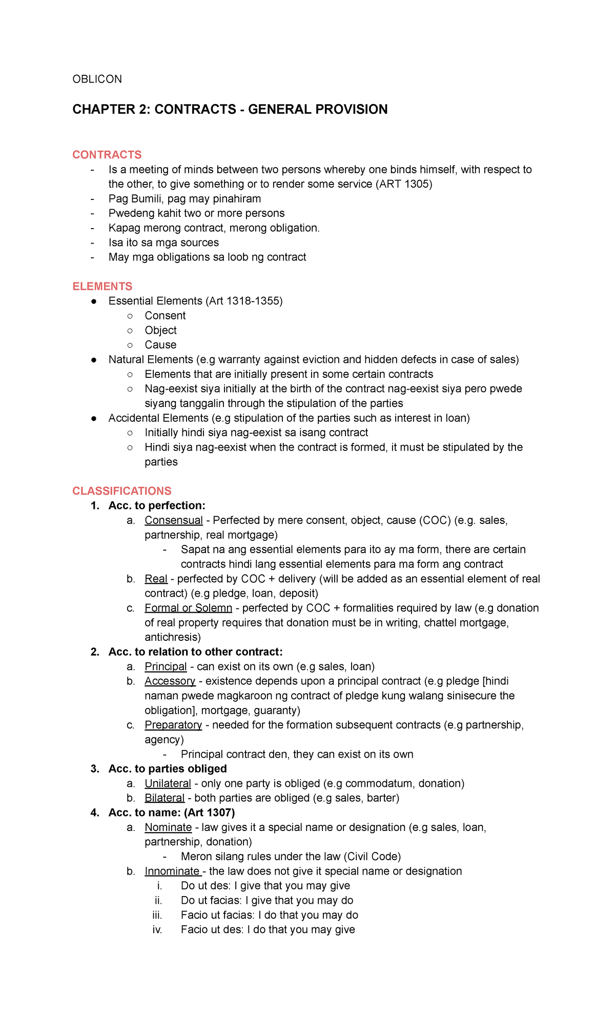 OBLICON CHAPTER 2: GENERAL PROVISIONS ON CONTRACTS - Studocu