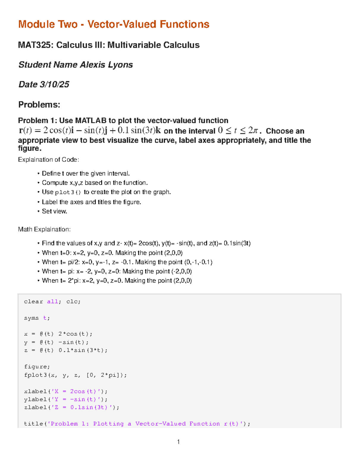 MAT325 Final Exam Notes: Vector-Valued Functions in MATLAB - Studocu
