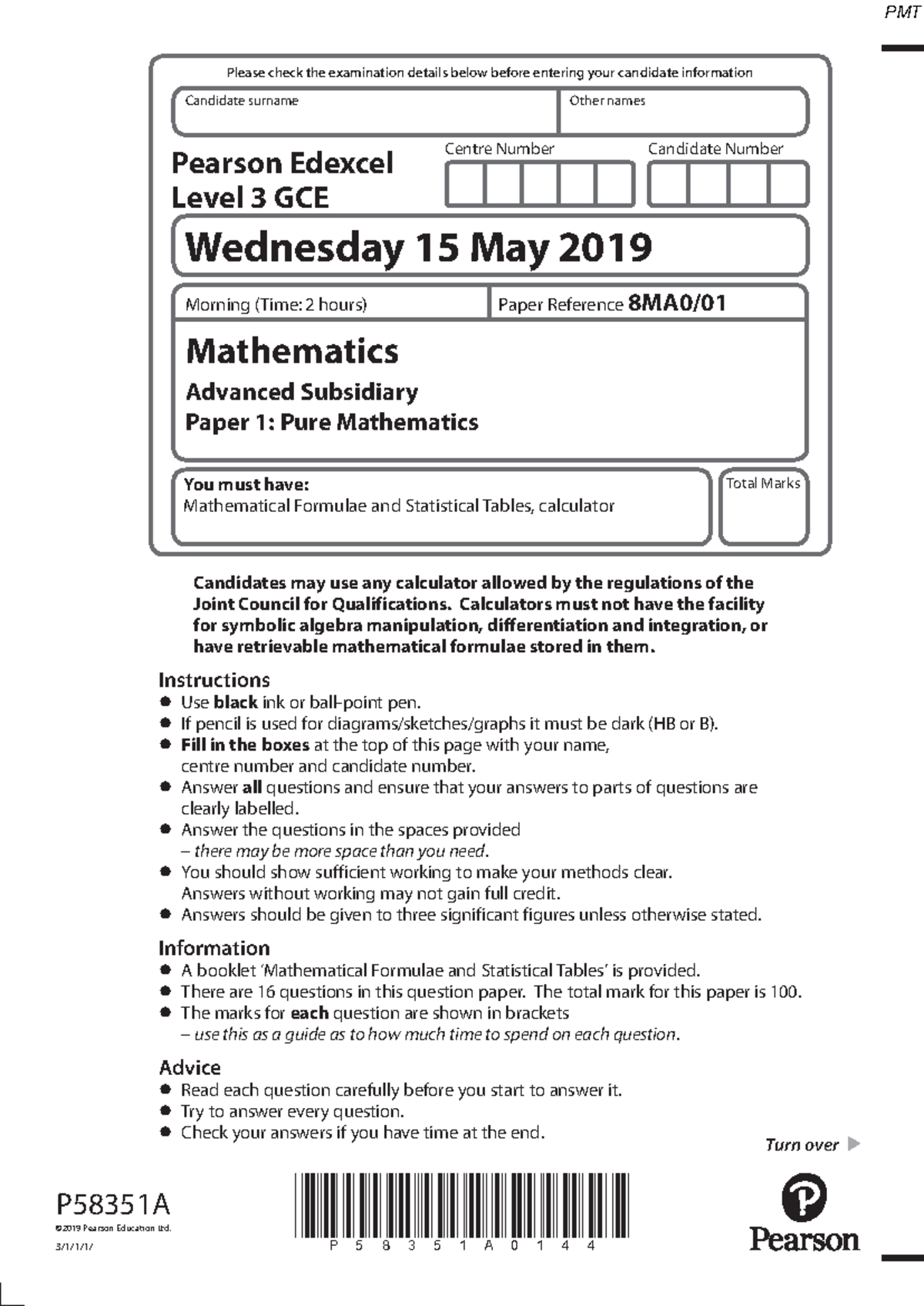 Examination Details for Pearson Edexcel Level 3 GCE Mathematics ...