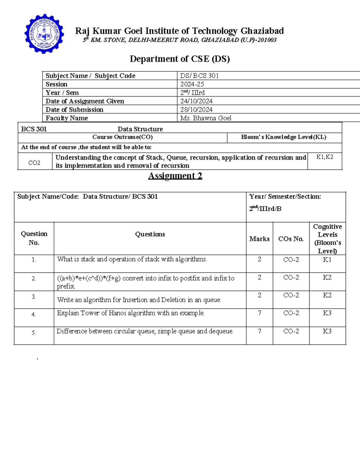 Assignment 2 - solve these Questions - Raj Kumar Goel Institute of ...