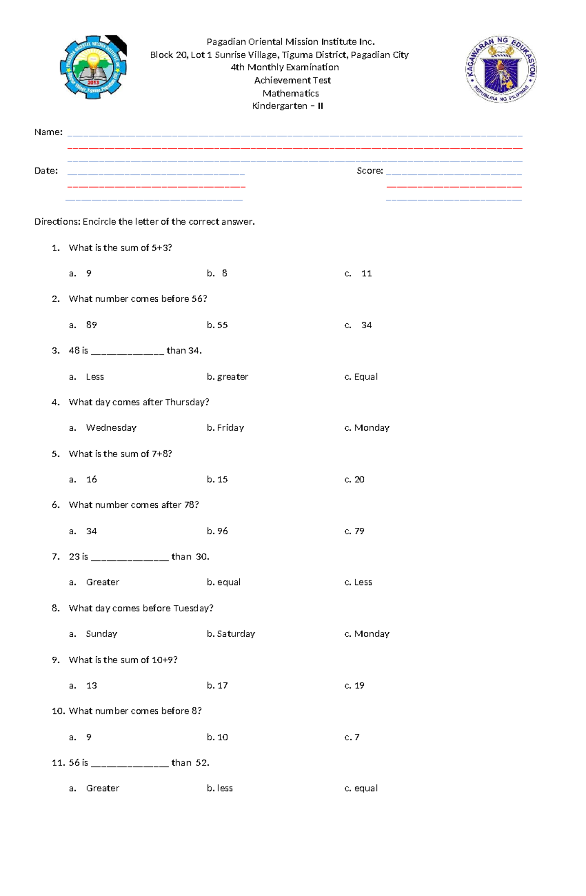 4th Monthly Examination Achievement Test for Kindergarten II - Studocu