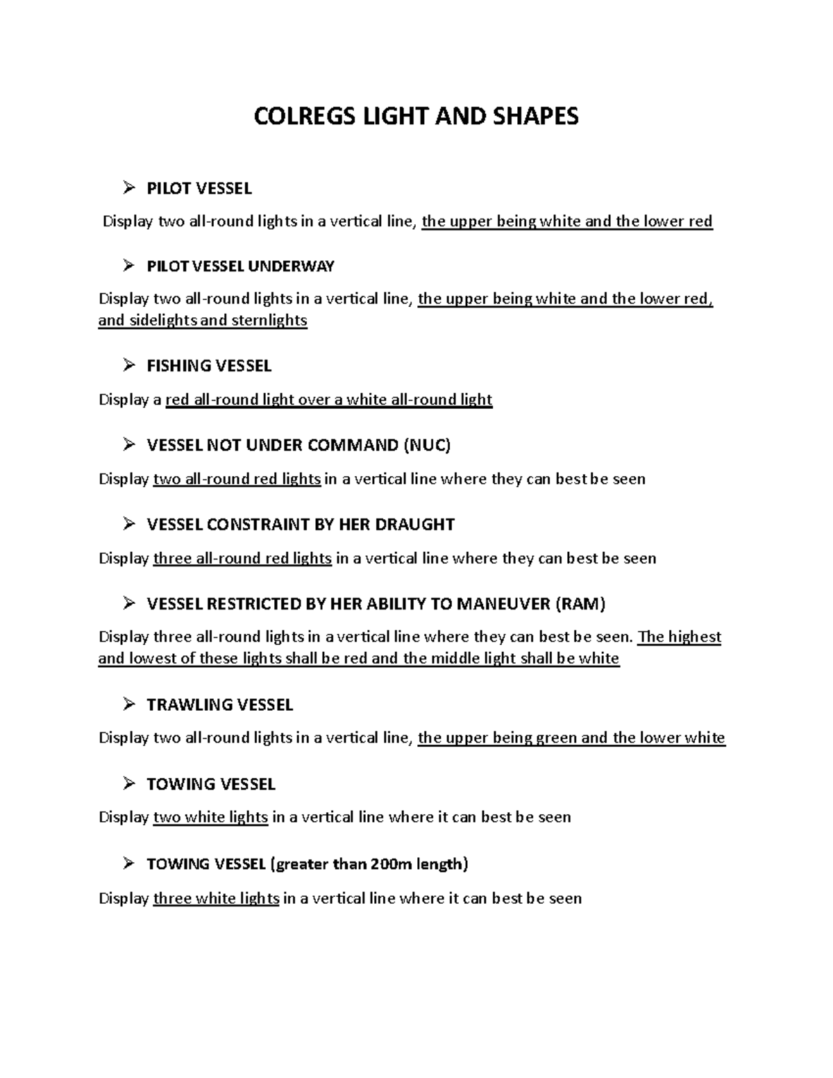 Colregs Light AND Shapes 2 - COLREGS LIGHT AND SHAPES PILOT VESSEL Display two all-round lights ...