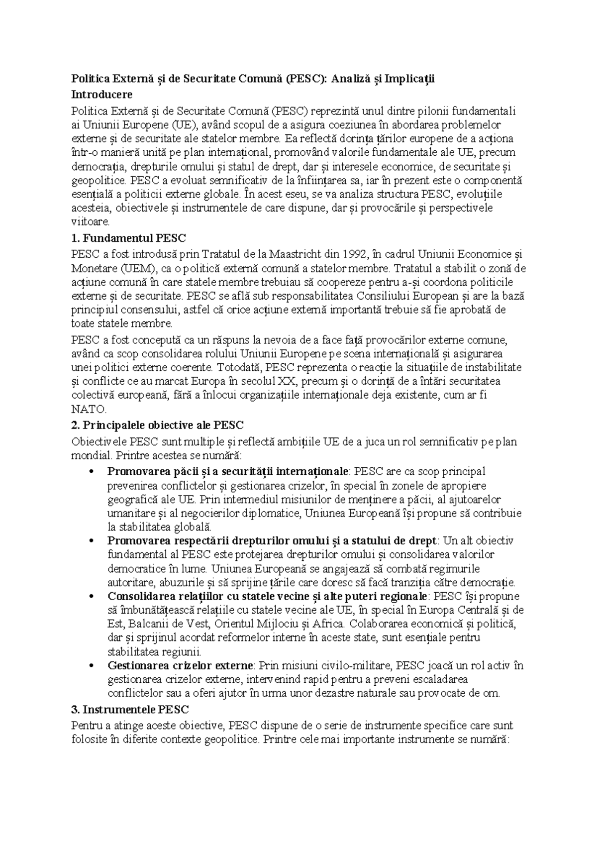 Eseu PESC: Analiză a Politicii Externe și de Securitate Comună UE - Studocu