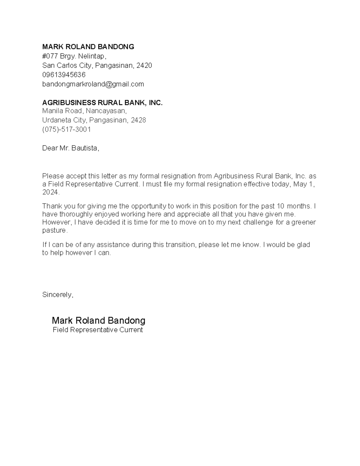 Resignation Letter - Mark Roland Bandong (Field Rep) - Studocu