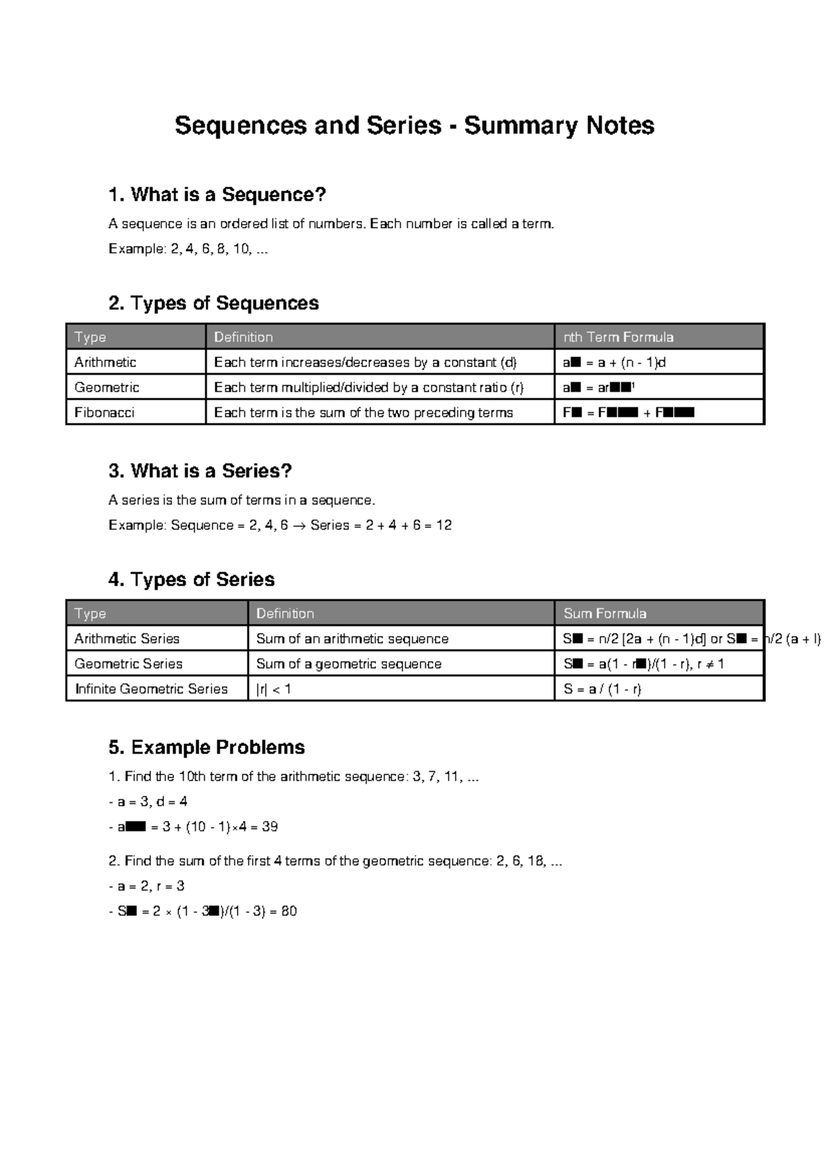 MATH 101: Sequences and Series Summary Notes - Studocu