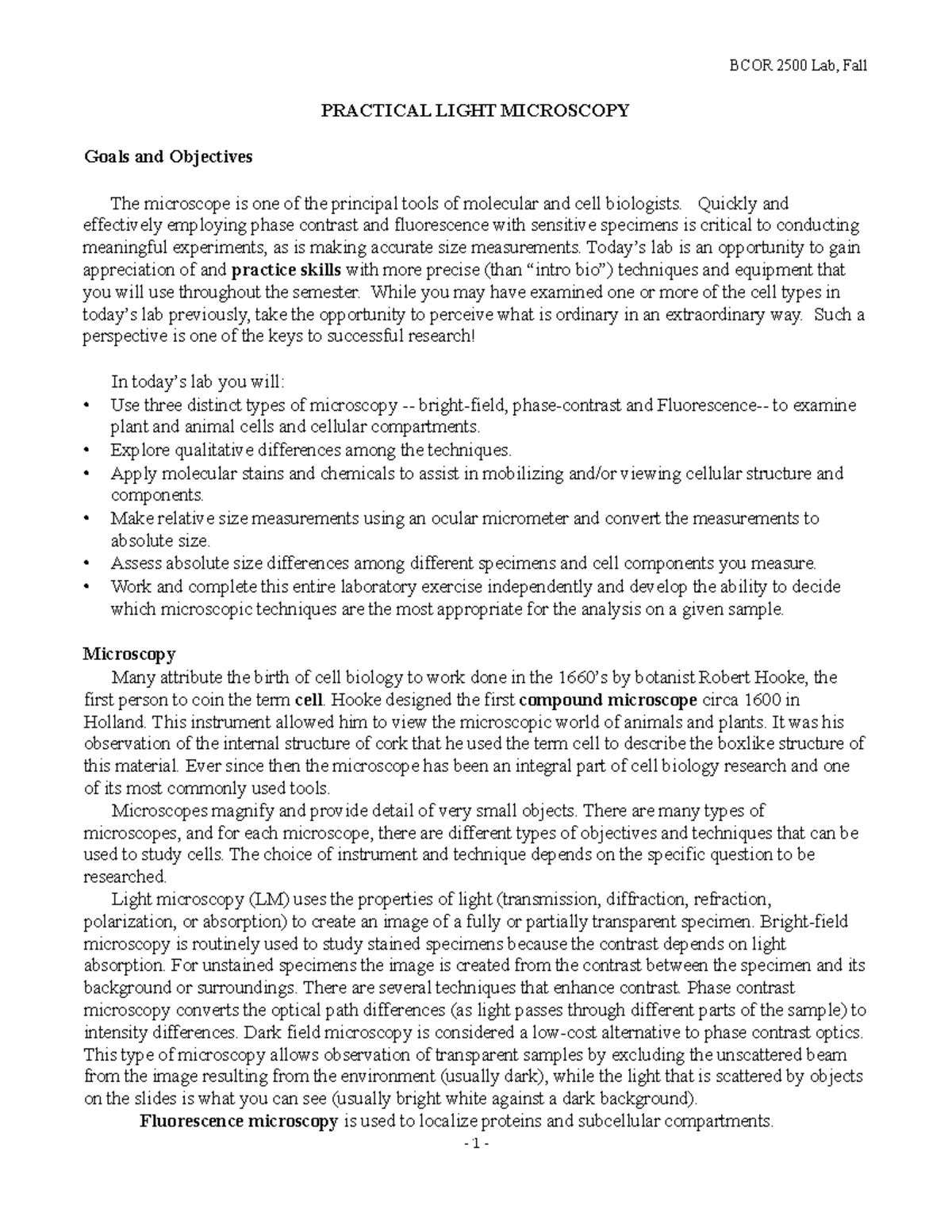 BCOR 2500 Lab: Practical Light Microscopy Techniques & Observations - Studocu