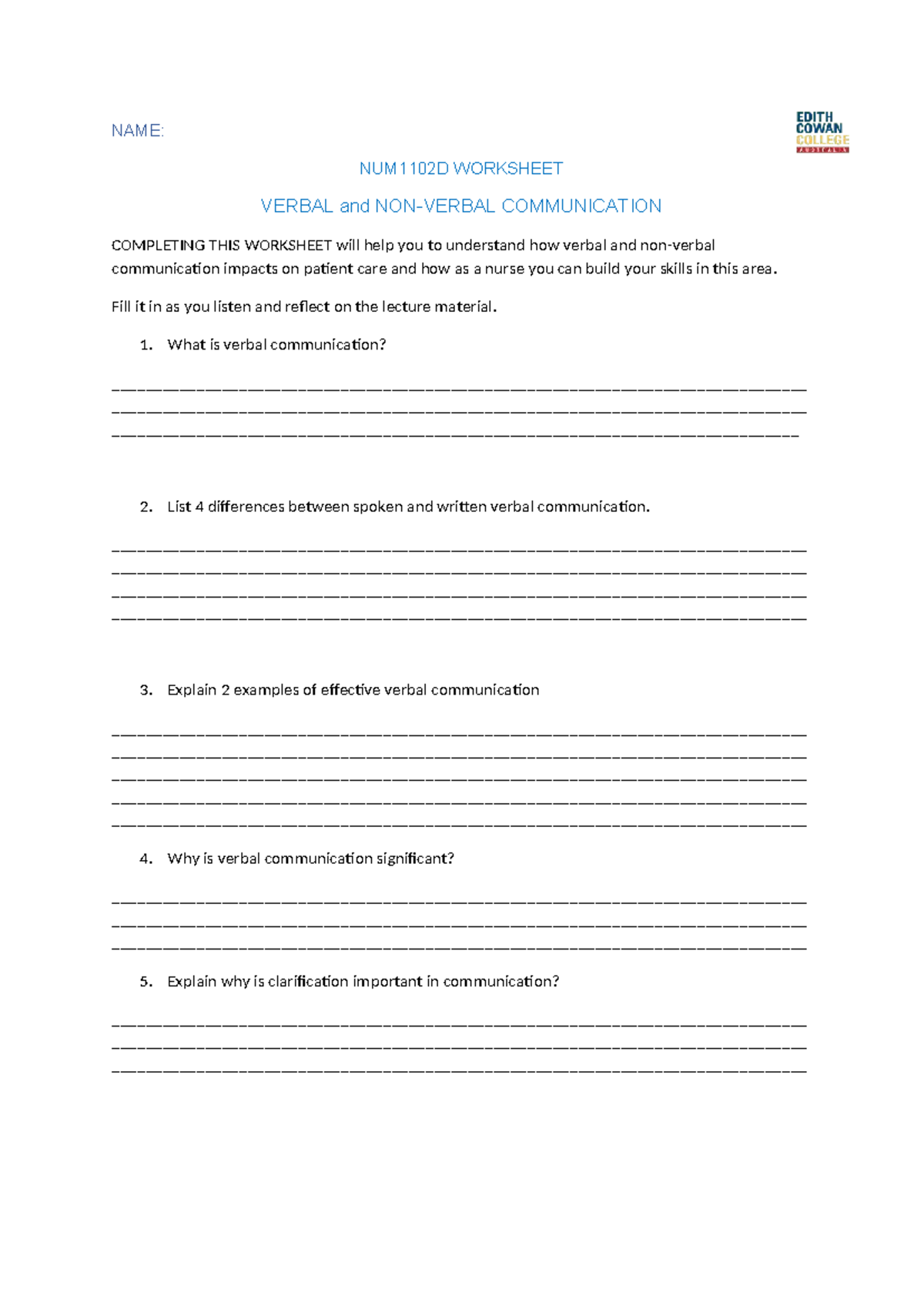 NUM1102D Worksheet: Verbal Communication & Patient Care Skills - Studocu