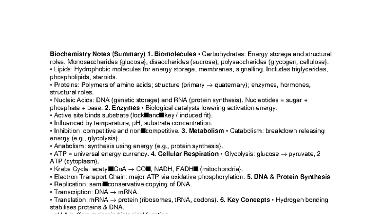 Biochemistry Notes (Summary) - Key Concepts & Biomolecules - Studocu