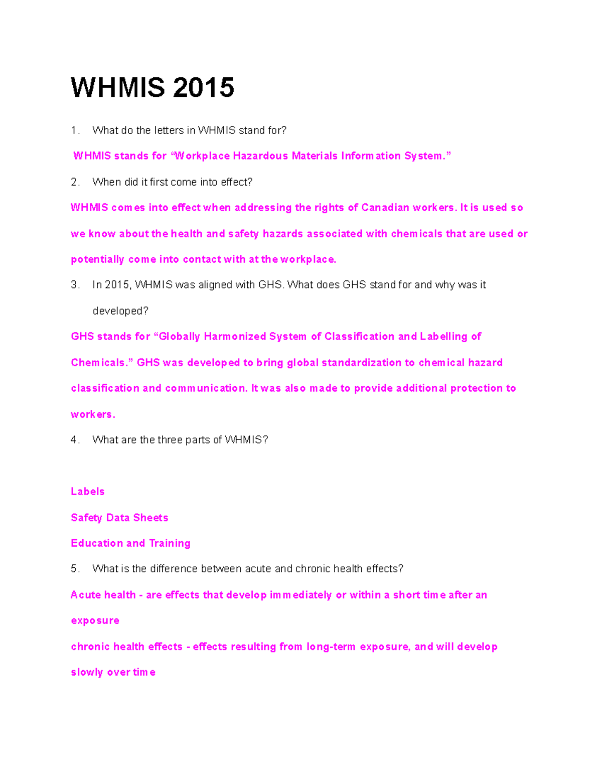 WHMIS 2015 Answer KEY: Hazardous Materials Info Overview - Studocu