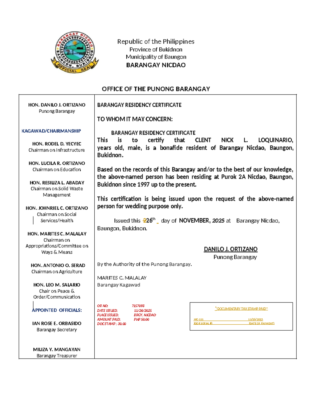 Barangay Residency Certificate - Nicdao, Bukidnon - Studocu