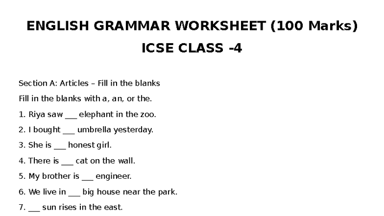 ICSE CLASS 4 ENGLISH GRAMMAR WORKSHEET (100 Marks) - Studocu