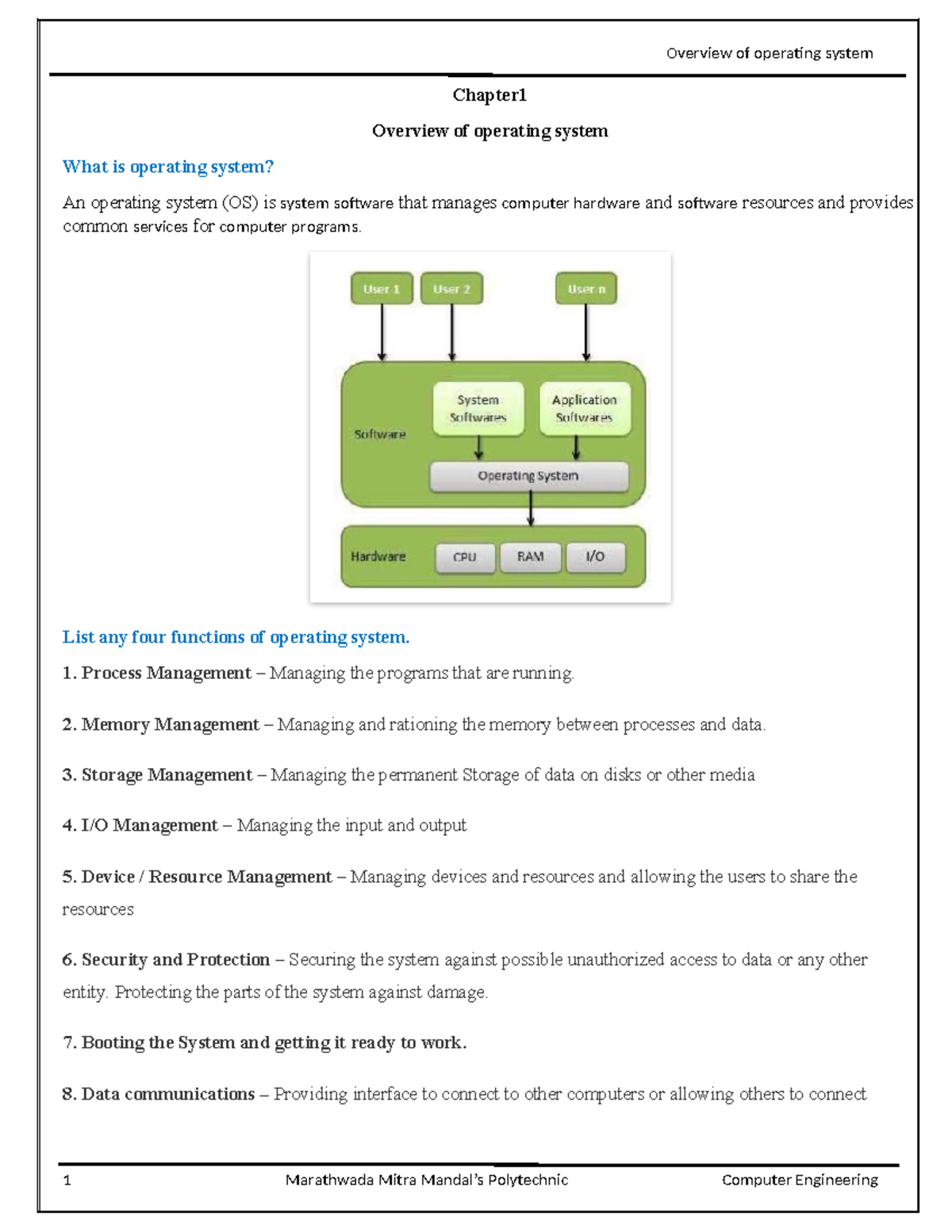 Chapter 1 - Overview of Operating Systems (CSE101) - Studocu