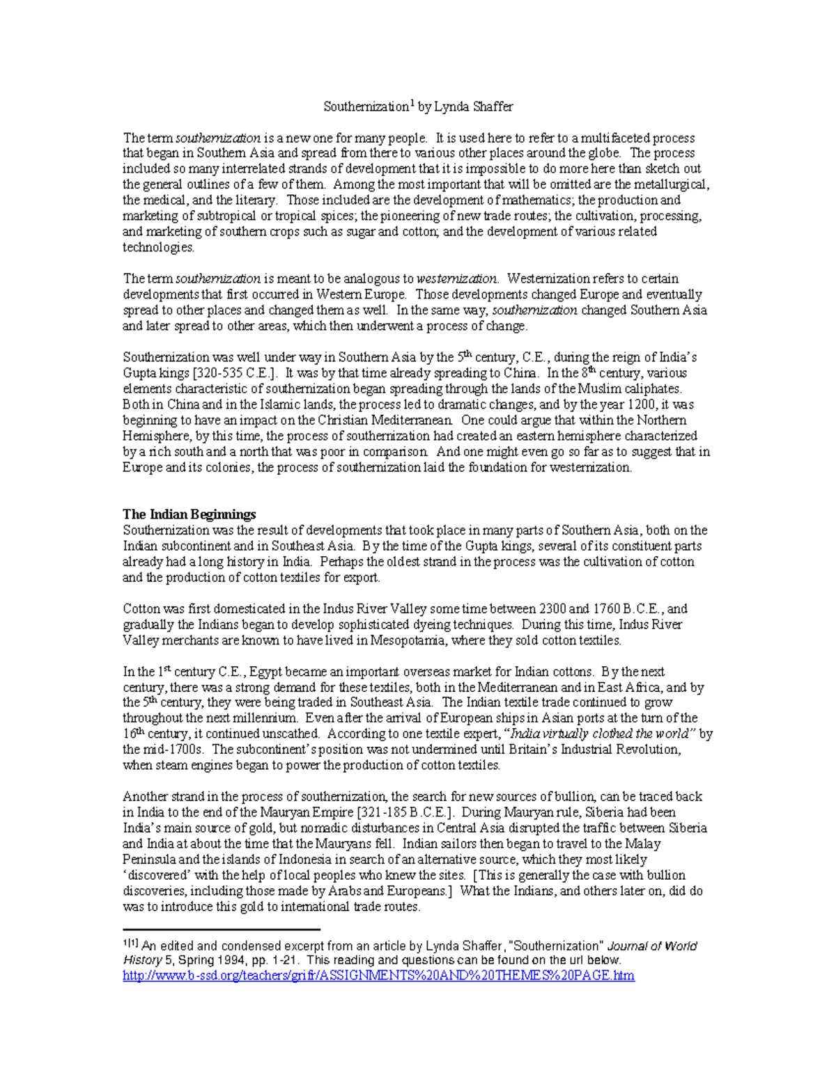 Southernization: A Historical Overview by Lynda Shaffer - Studocu