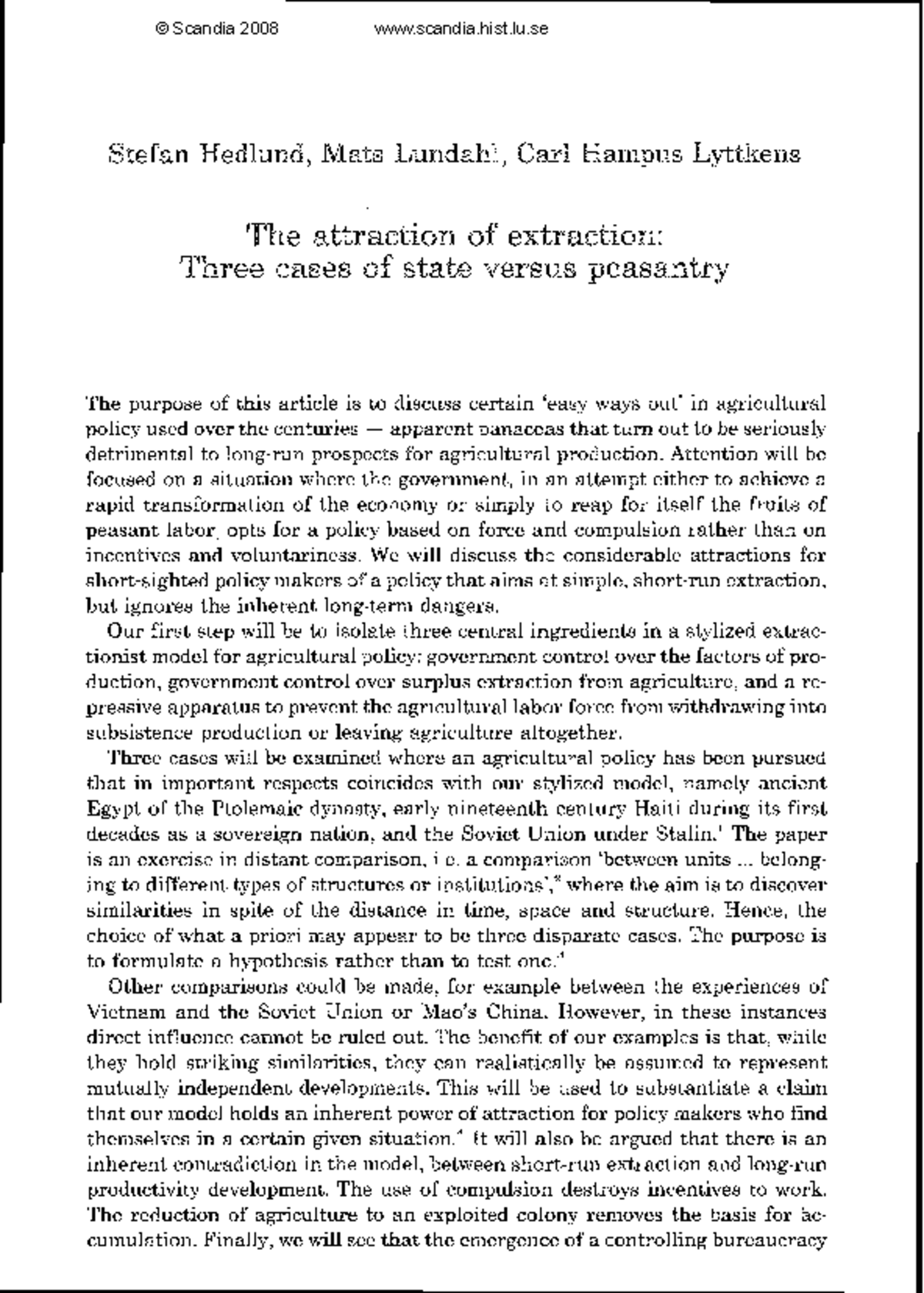 Scandia 2008: The Attraction of Extraction in Agricultural Policy - Studocu