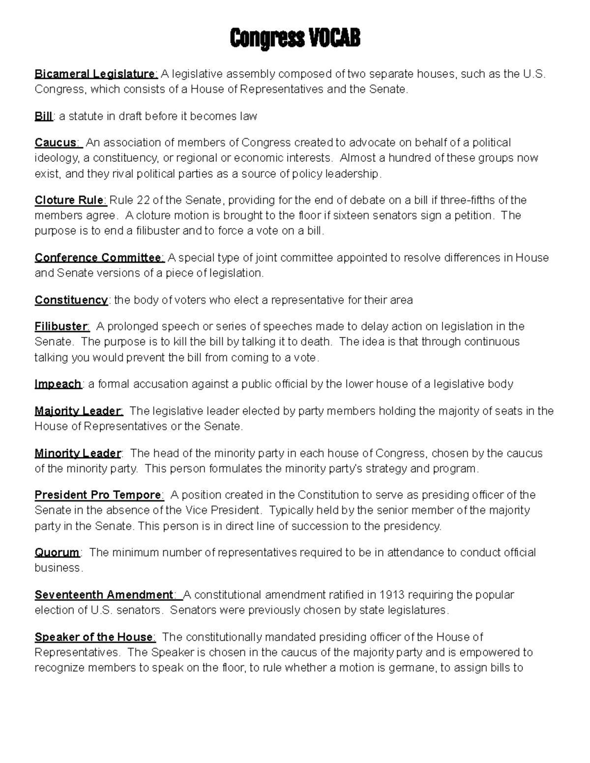 UNIT 2 VOCAB: Key Definitions for Congressional Terms and Concepts ...