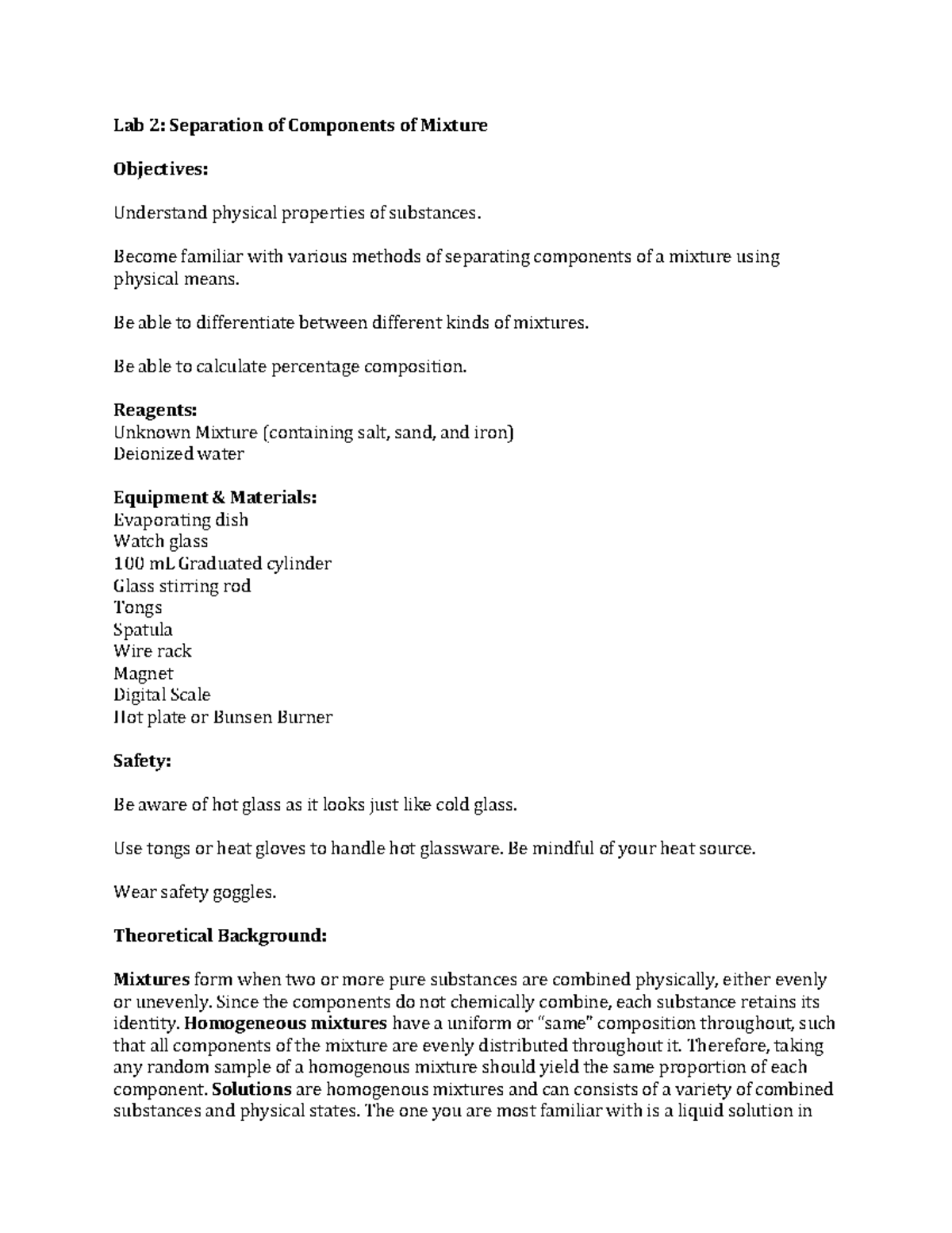 Lab 2: Methods for Separating Mixtures (NaCl, Fe, SiO2) - Studocu