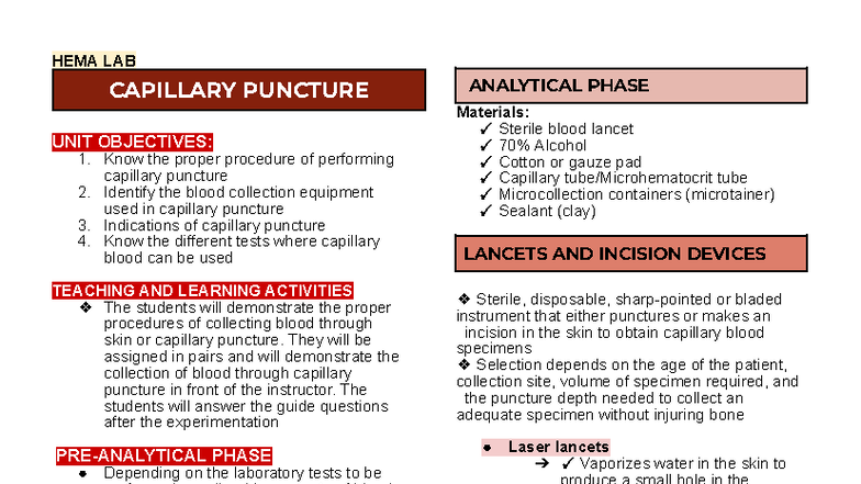 Capillary Puncture - HEMA LAB CAPILLARY PUNCTURE UNIT OBJECTIVES: 1 ...