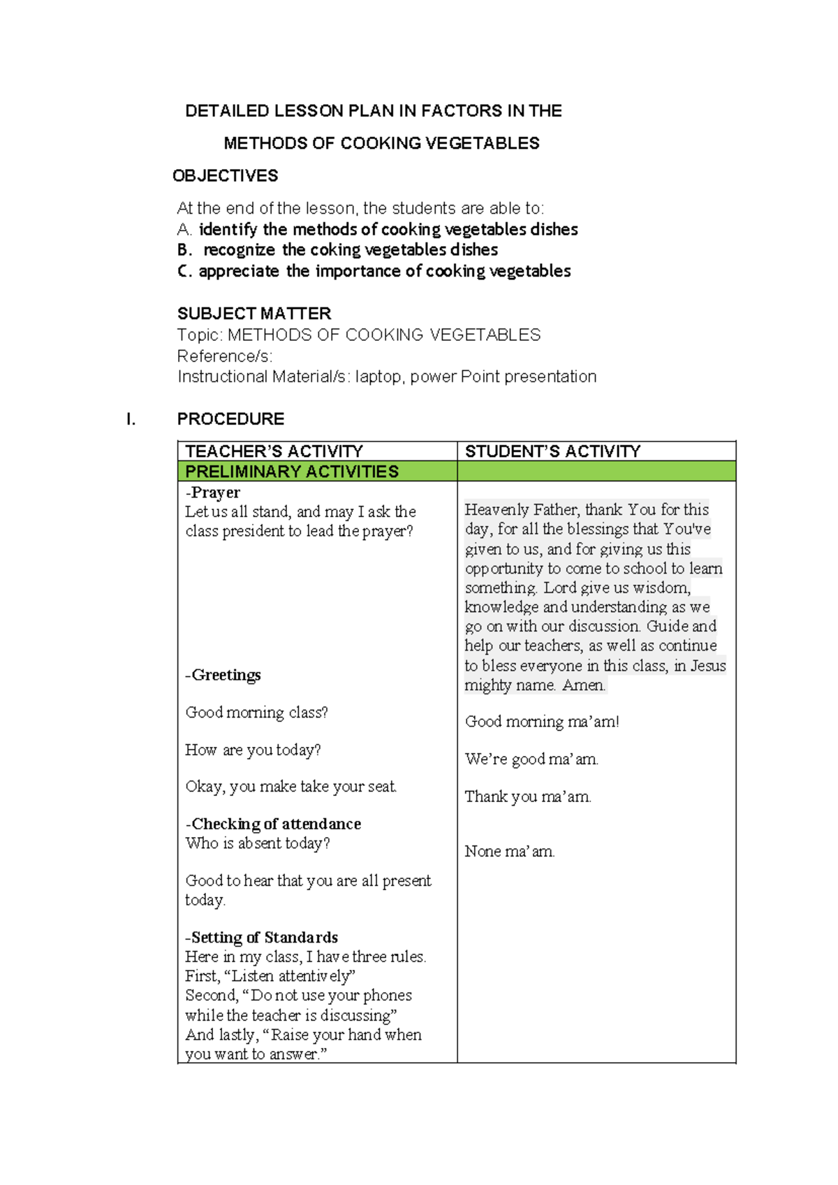 Detailed Lesson Plan: Methods of Cooking Vegetables (21st Century ...
