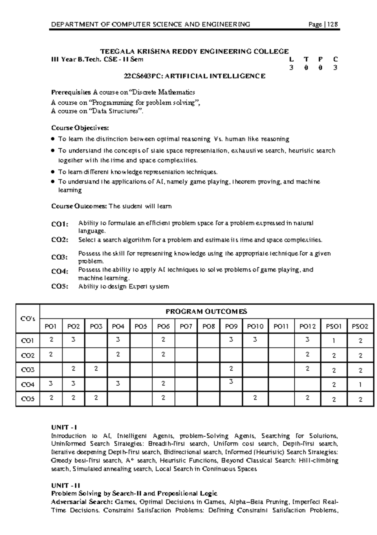 22CS603PC: AI Syllabus for B.Tech CSE II Sem - TEEGALA KRISHNA REDDY ...