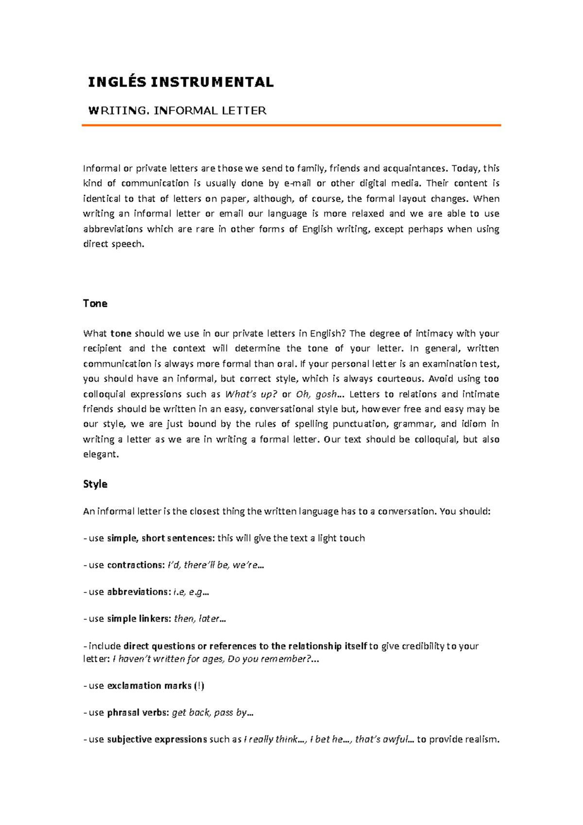 Writing. Informal letter - INGLÉS INSTRUMENTAL WRITING. INFORMAL LETTER ...