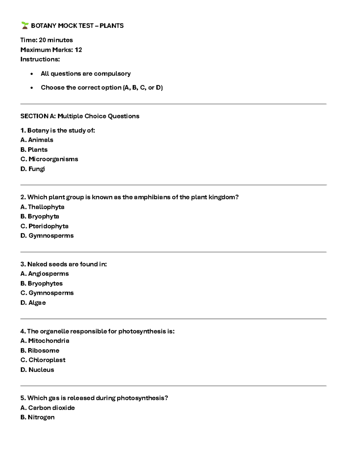 BOTANY MOCK TEST: PLANTS (20 min, Max Marks: 12) - Studocu