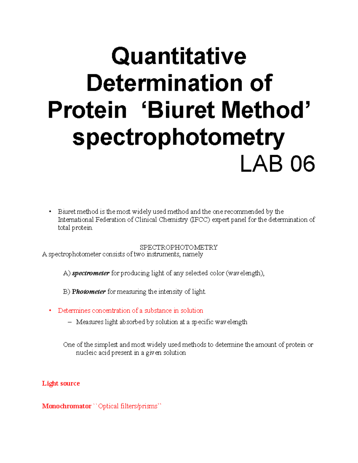 BIO 1101 - LAB 6 - Lecture notes LAB 6 - Quantitative Determination of ...