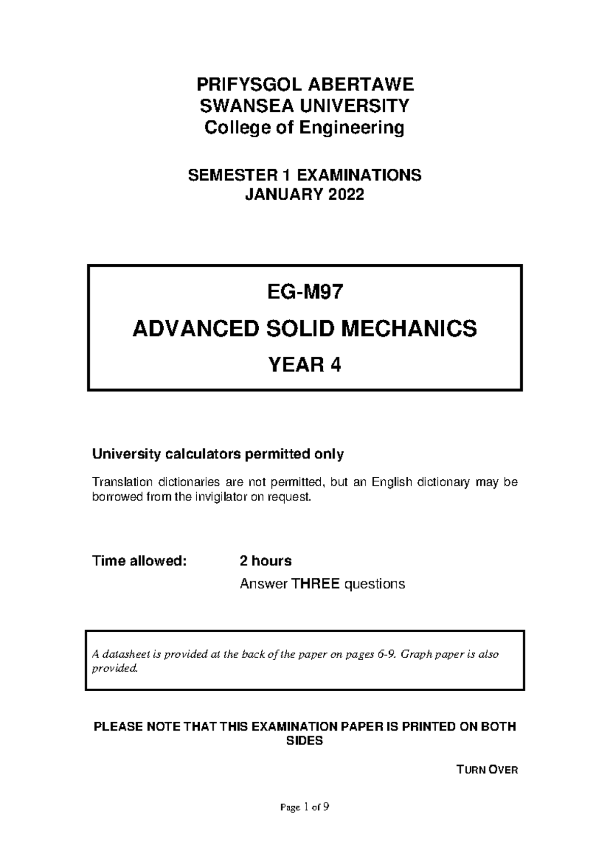 EG-M97 Advanced Solid Mechanics Exam Paper 21-22 - Studocu