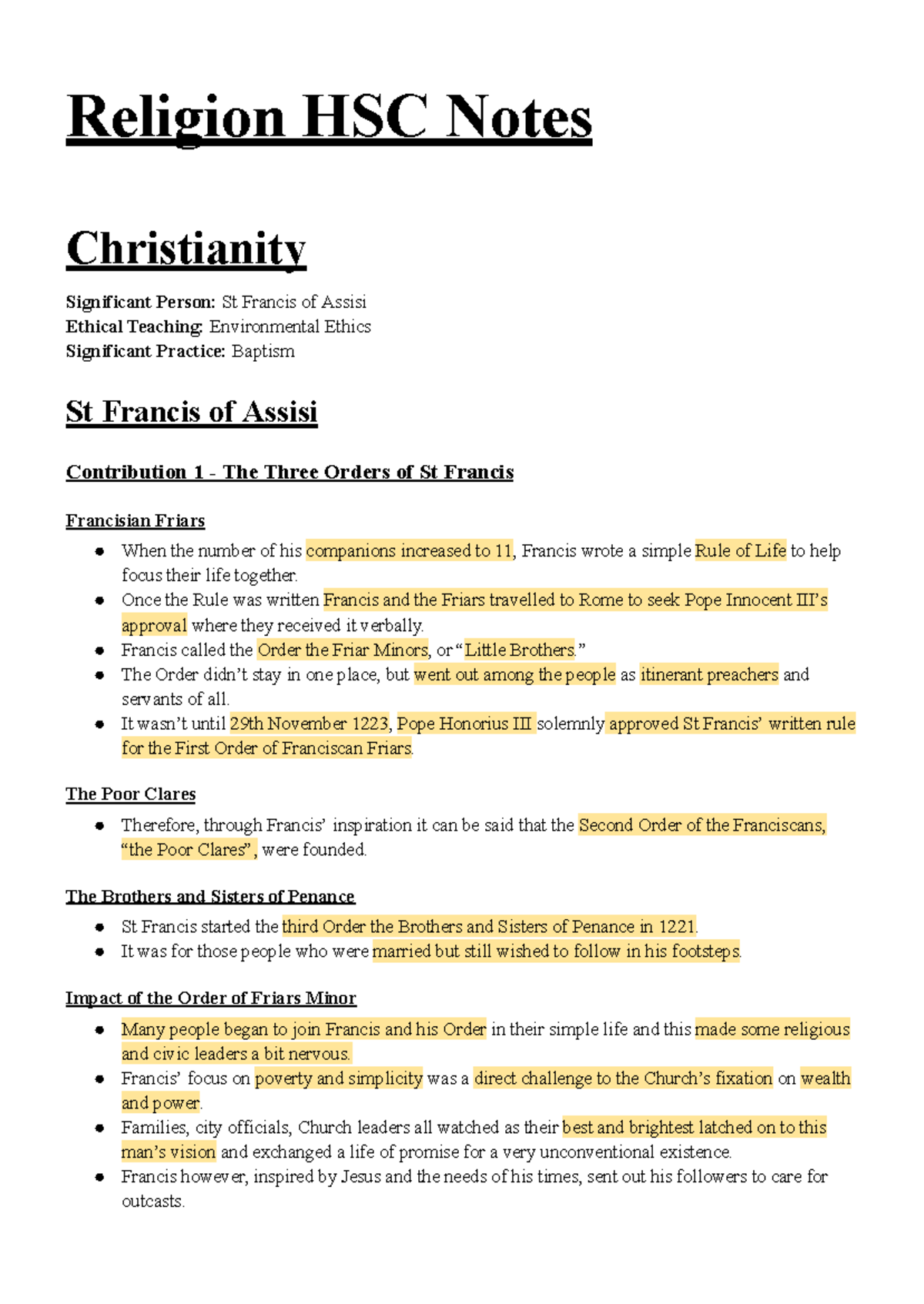 Religion HSC Notes: Christianity, St Francis, Baptism & Ethics - Studocu