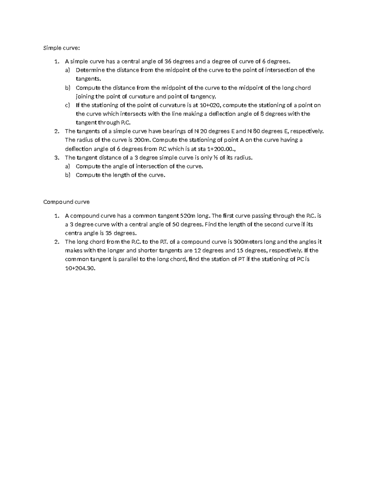 GEE142 Simple and Compound Curve Practice Problems - Studocu