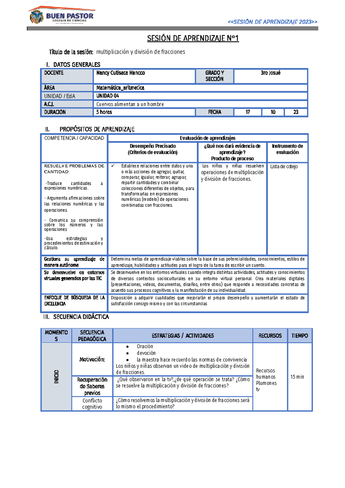 Sesión de Aprendizaje: Multiplicación y División de Fracciones - 3ro ...