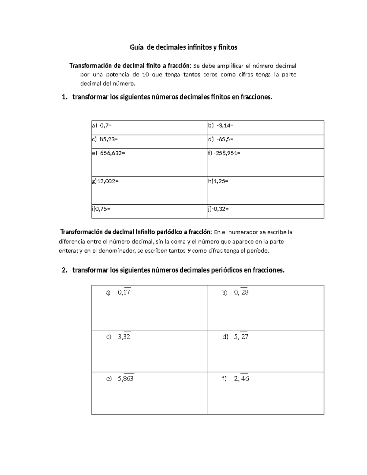 Guía de Decimales Infinitos y Finitos: Transformación a Fracción - Studocu