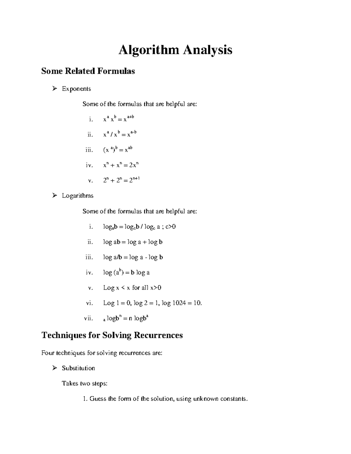 Algorithm Analysis - Key Formulas and Techniques for Recurrences - Studocu