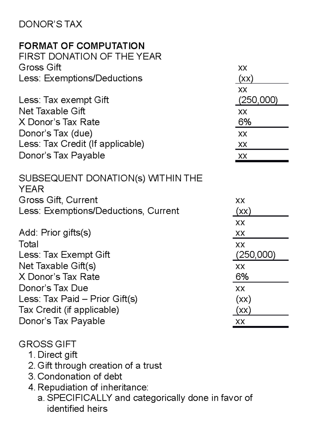 Donor's Tax Summary Notes for Tax Computation and Deductions - Studocu