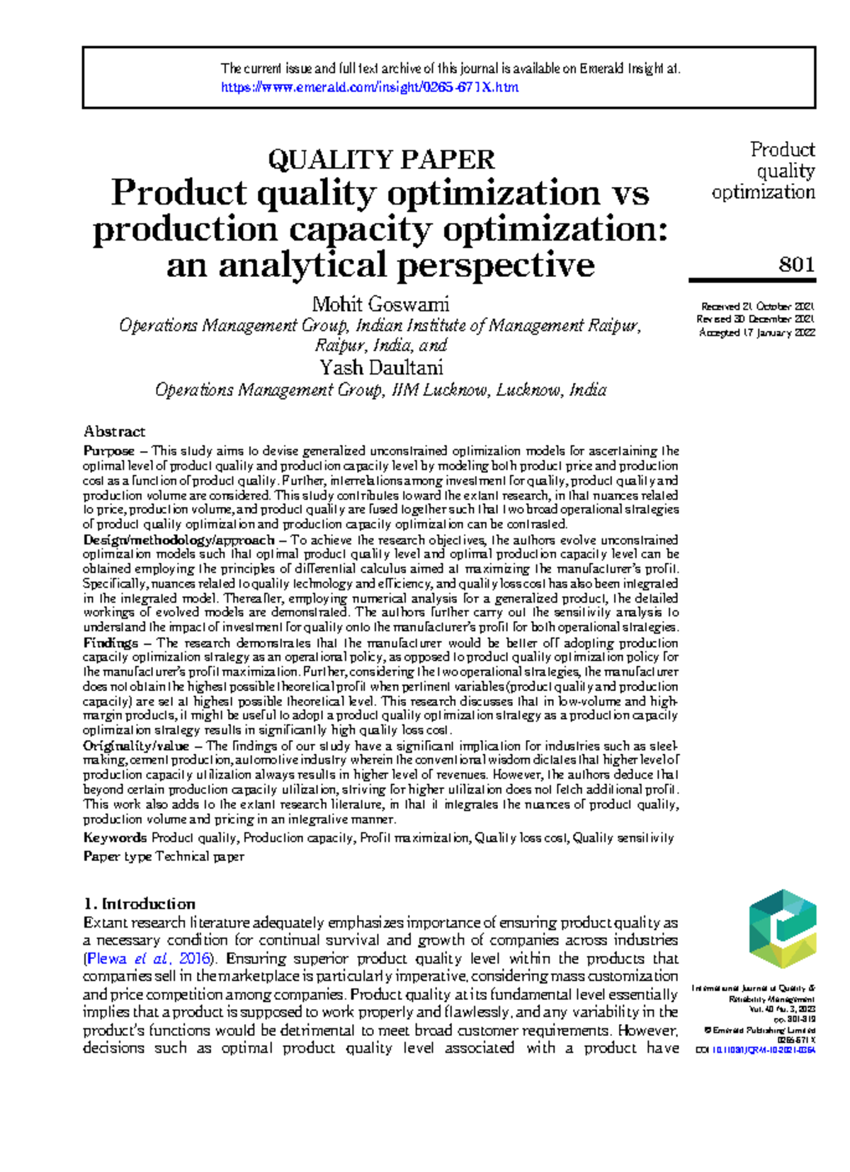 CL3 Paper 10 - Product Quality vs Production Capacity Optimization ...