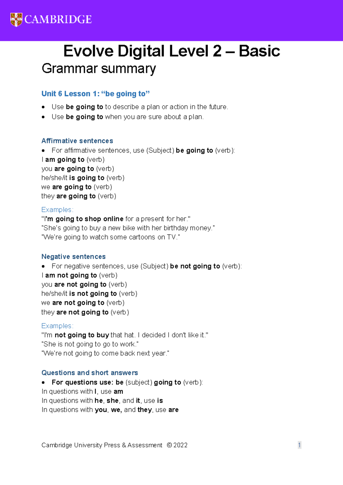 Evolve Digital Level 2: Unit 6 - Grammar Summary on 'Be Going To' - Studocu