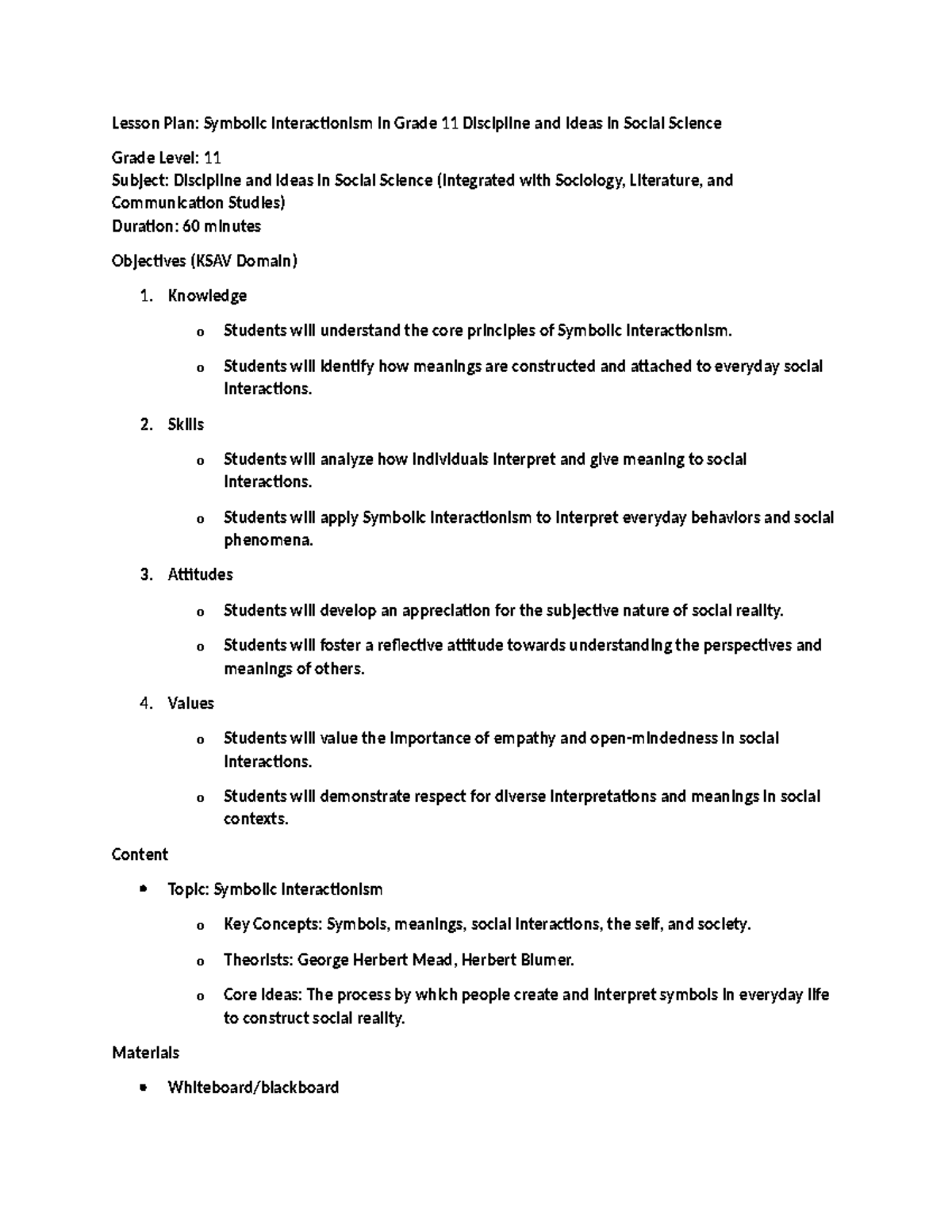 Lesson Plan Week 5-6 - Lesson Plan: Symbolic Interactionism in Grade 11 ...