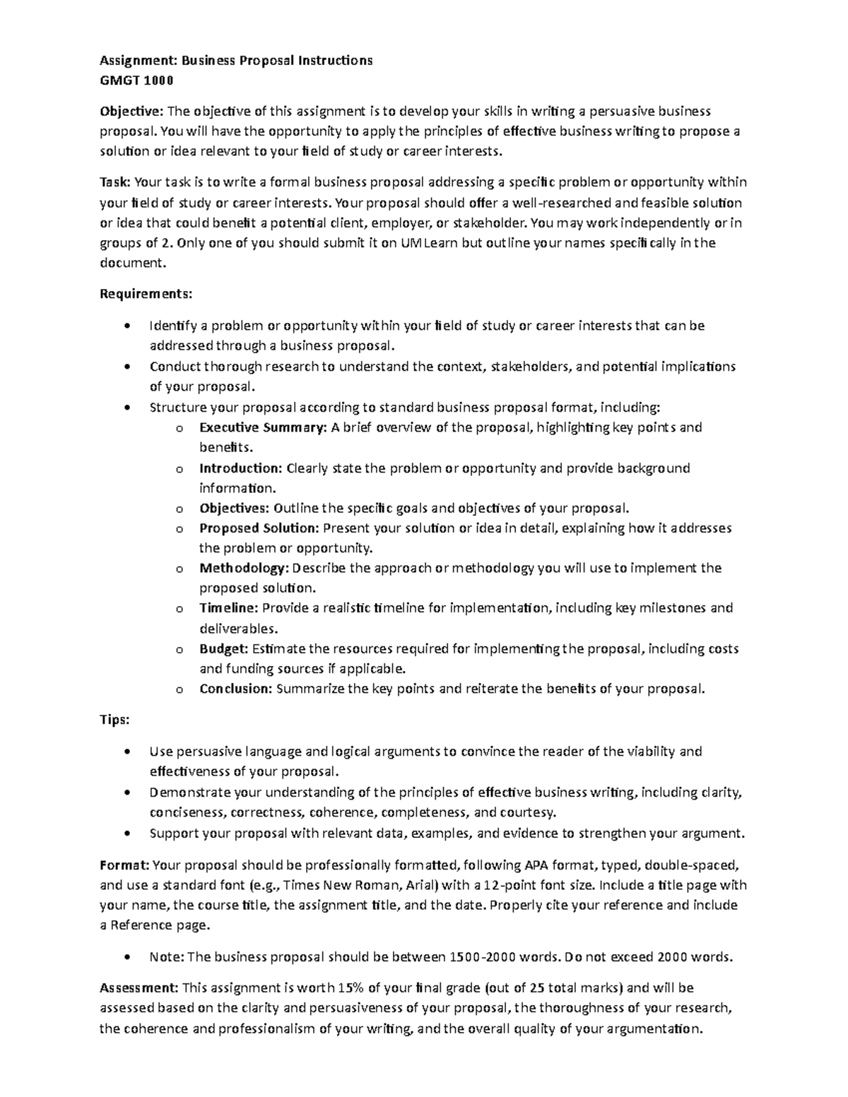 GMGT 1000 Business Proposal Assignment Guidelines and Instructions ...