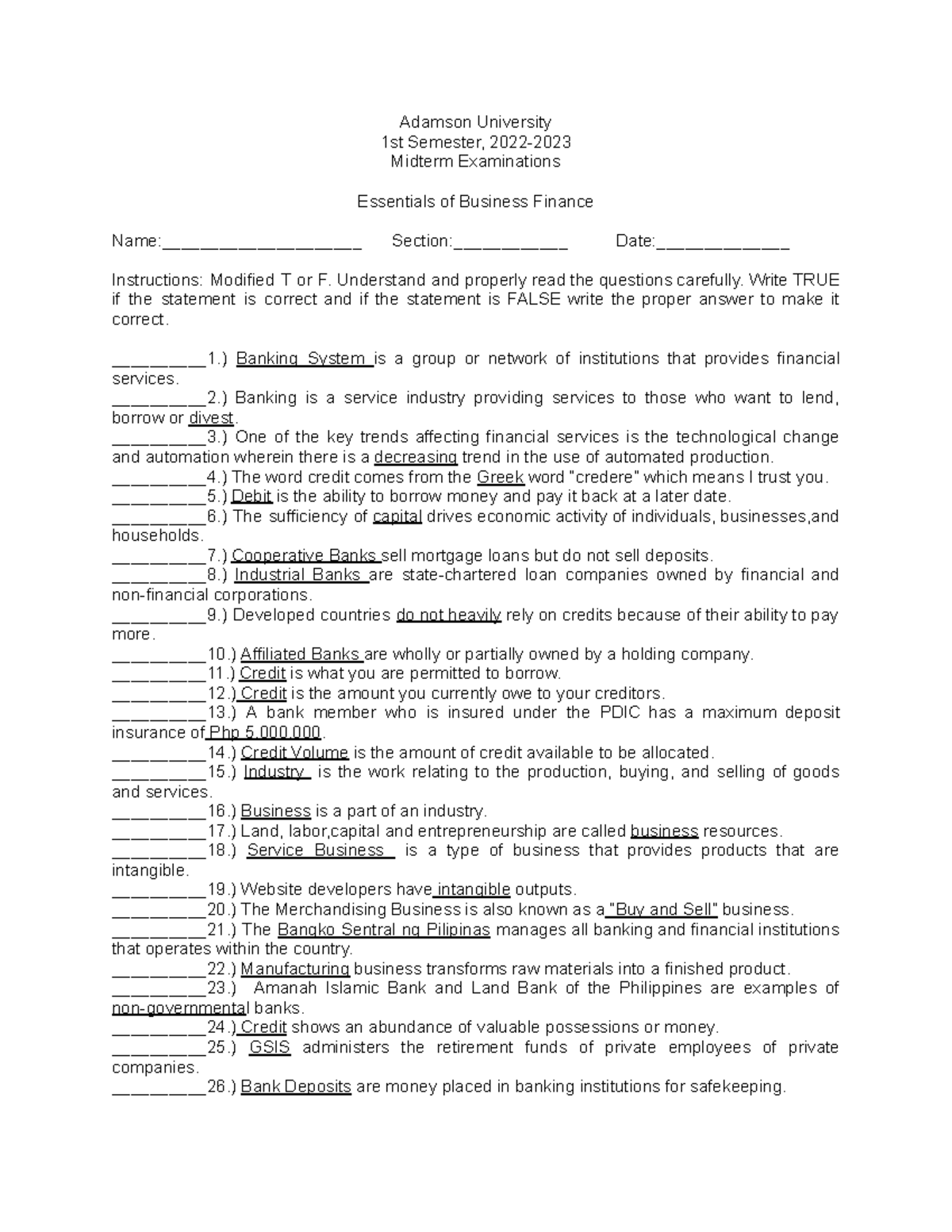 EBF Midterm Exams - EXAM - Adamson University 1st Semester, 2022 ...